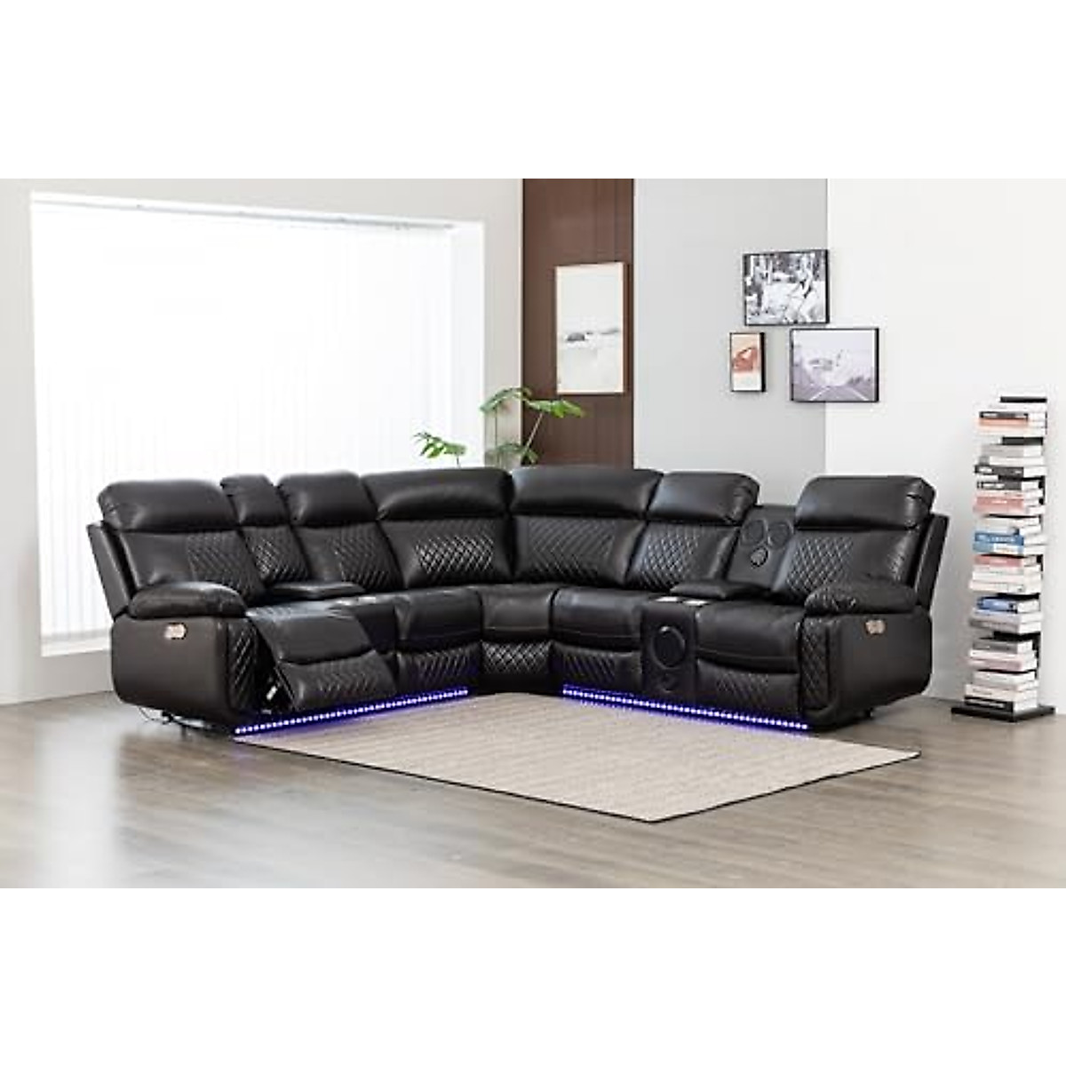 Kingway Inc Rexon Power Recliner Sectional Living Room Sofa Set with speaker,LED and USB port, Brown