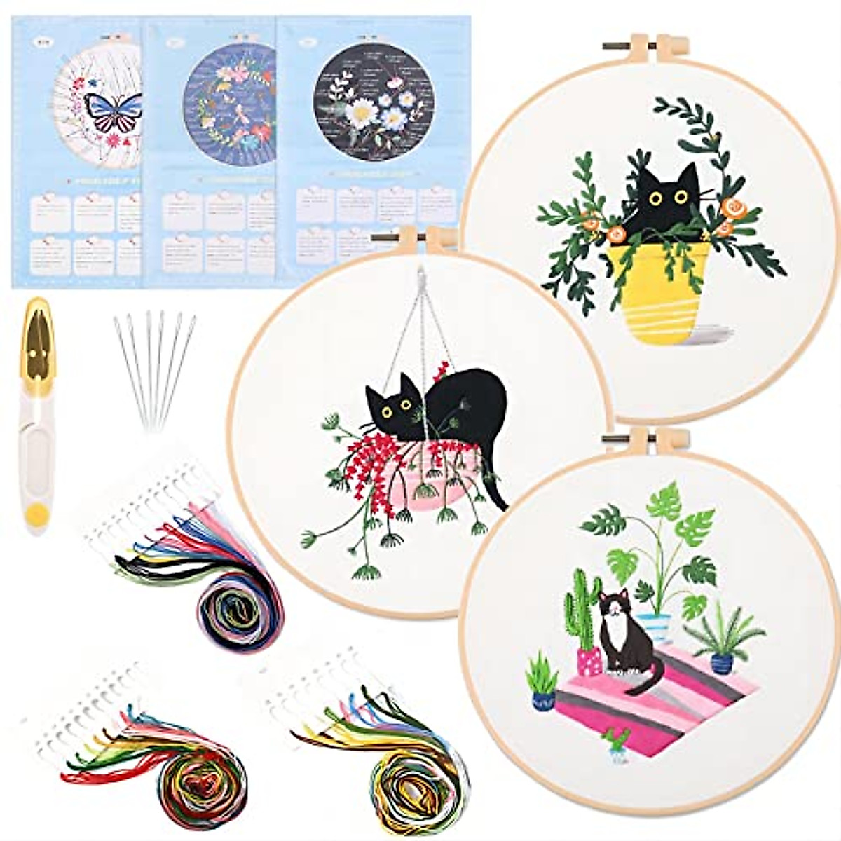Yeerovan 3 Sets Embroidery Kit for Beginners with Stamped Pattern/Cross Stitch Kits for Craft Lover Hand Stitch,Needlepoint Kits for Adults, Color Threads