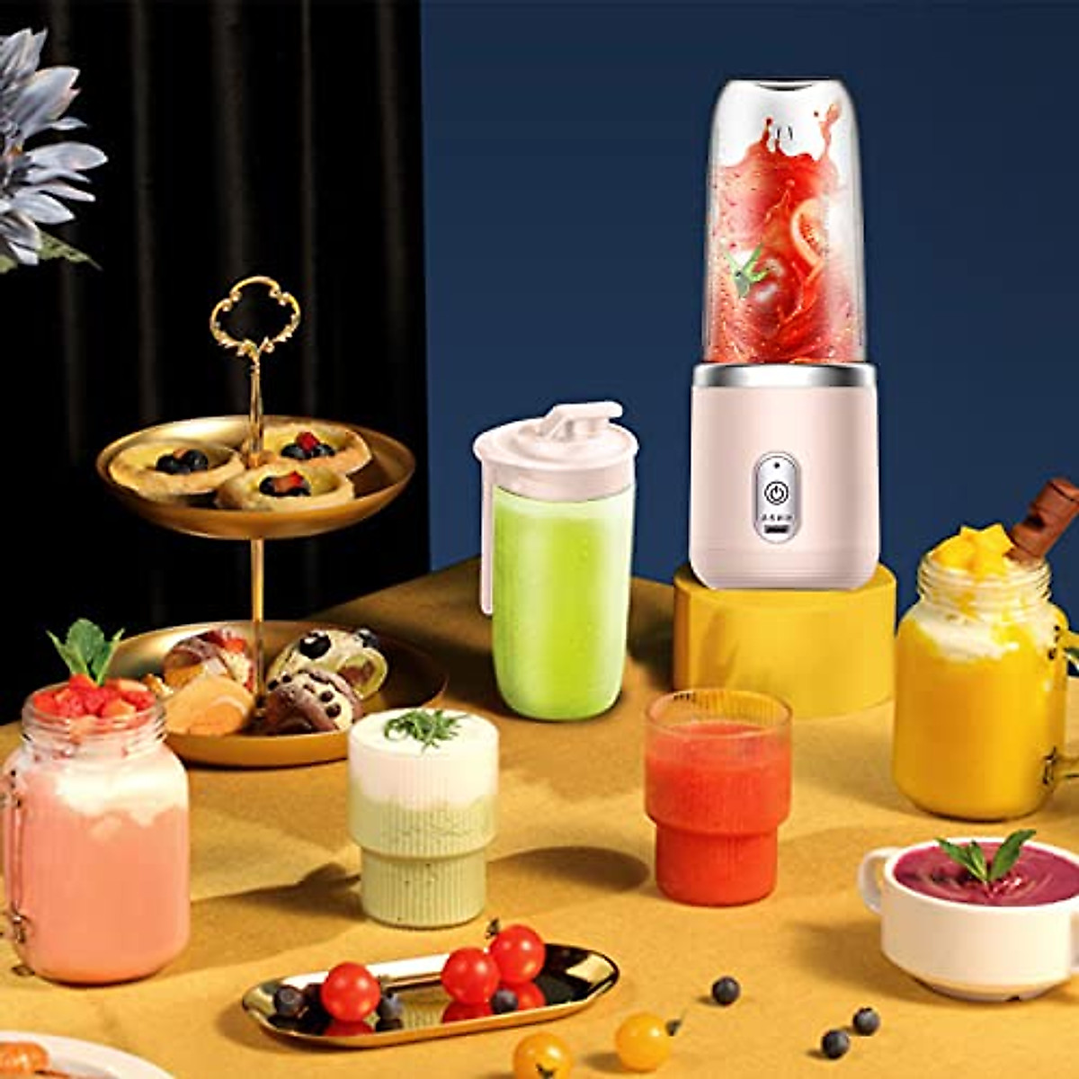 Portable Blenders, Personal Blender for Shakes and Smoothies, Fruit Juicer USB Rechargeable with 6 Blades, Handheld Blenders for Sports Travel and Outdoors (Pink)