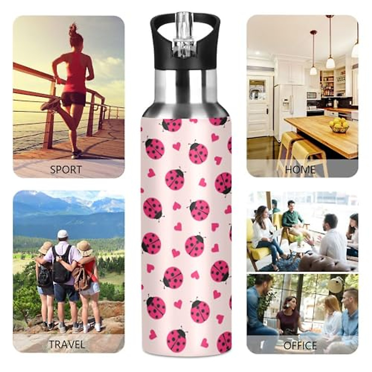Cute Ladybugs and Hearts Insulated Water Bottle with Straw, Stainless Steel Sports Water Bottles, Double Wall Vacuum, Leakproof, BPA-Free 20 oz