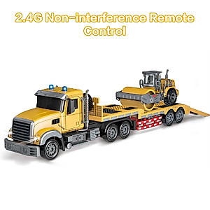 Fistone RC Semi Truck with Trailer, 1:24 RC Semi-Trailer Engineering Tractor with Sound and Lights, 2.4Ghz Remote Control Flatbed Truck with Road Roller Toys, Construction Vehicles Toy for Boys