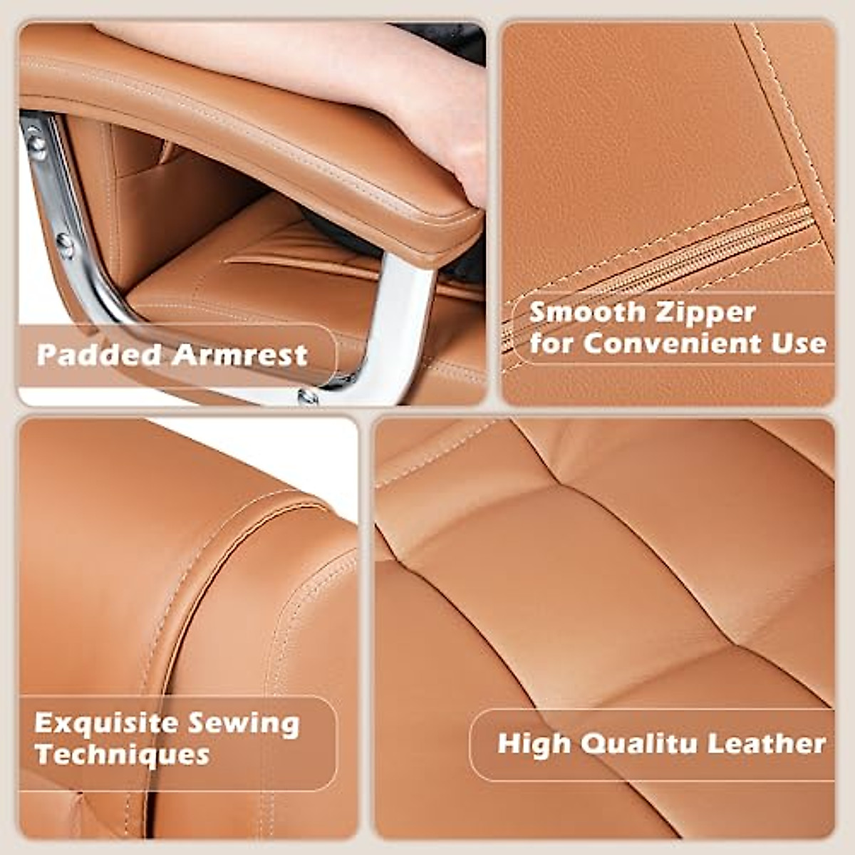 PUKAMI Home Office Desk Chair with Spring Seat,High Back Executive Office Chair,Ergonomic Computer Chair with Cushion Armrest,Height Adjustable Big and Tall PU Leather Chair with Lumbar Support(Khaki)