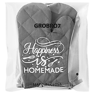 GROBRO7 6Pcs Cotton Oven Mitts and Pot Holders Set Happiness is Homemade Heat Resistant Hot Pad Machine Washable Microwave Gloves with Hanging Loop Pocket Potholder for Kitchen Baking Cooking Grilling