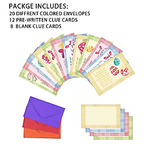HEZNZXQ Easter Treasure Hunt Clues Game Cards, Bunny Scavenger Hunt Card Game(20 Cards with Envelopes), Indoor Ourdoor Party Games Supplies Activities for Adults (A03)