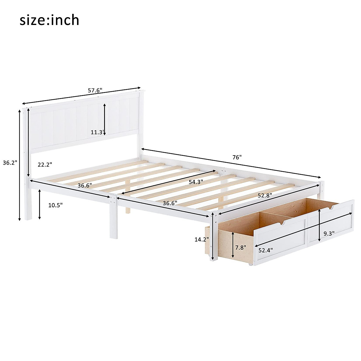 CITYLIGHT Full Size Bed, Platform Bed Frame with Headboard and Drawers, Wood Bed Frame for Kids, Teens and Adults, No Box Spring Needed, White