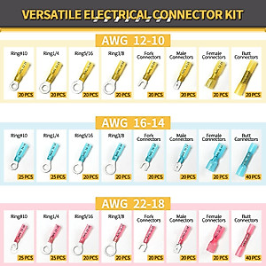 540PCS Marine Grade Heat Shrink Wire Connectors - Sopoby Electrical Connectors Kit of Tinned Red Copper, AWG 22-10 Waterproof Crimp connectors terminals Insulated Ring Fork Spade Butt Splices