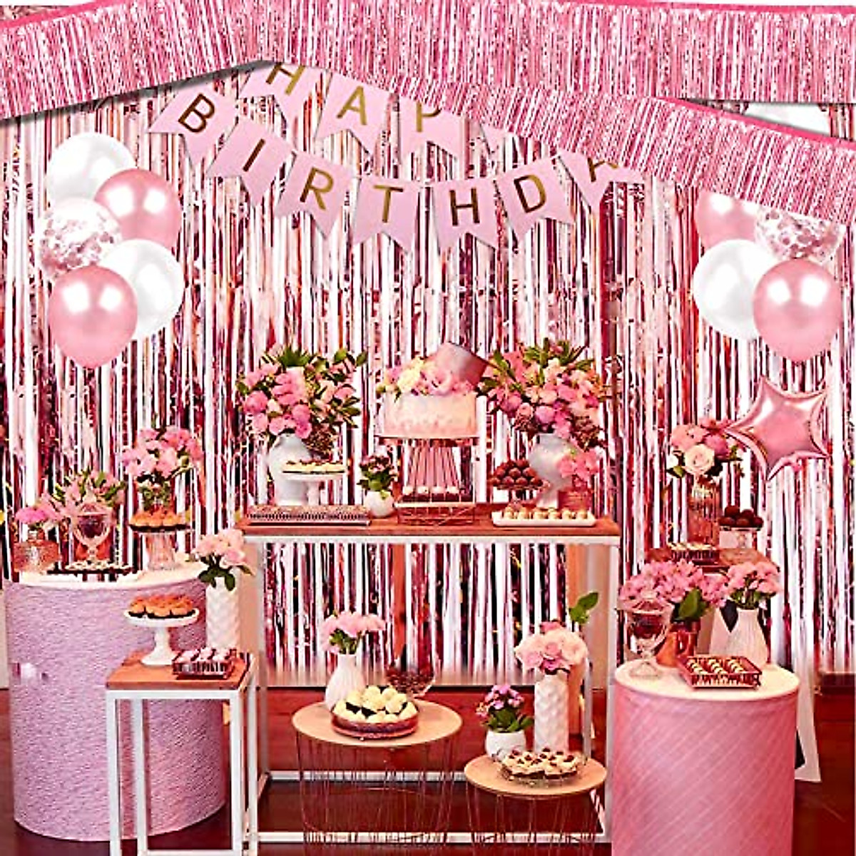 10 Pack 10 Feet Foil Fringe Garland Metallic Tassle Banner Wall Hanging Tinsel Streamers Backdrop for Parade Floats, Bachelorette, Wedding, Birthday, Halloween, Christmas Party Decorations(Pink)