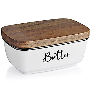 Farmhouse Butter Dish, ALELION Large Ceramic Butter Dish with Lid for Countertop, Vintage Butter Keeper with Thick Acacia Wood Lid, Farmhouse Kitchen Decor and Accessories for Kitchen Gifts, White
