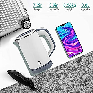 NARBOR Mini Electric Kettle, 0.8L Portable Travel Tea Kettle Stainless Steel Double Layer Hot Water Cordless BPA-Free, 600 W Boil-Dry Protection Boiler and Heater (white), (01)