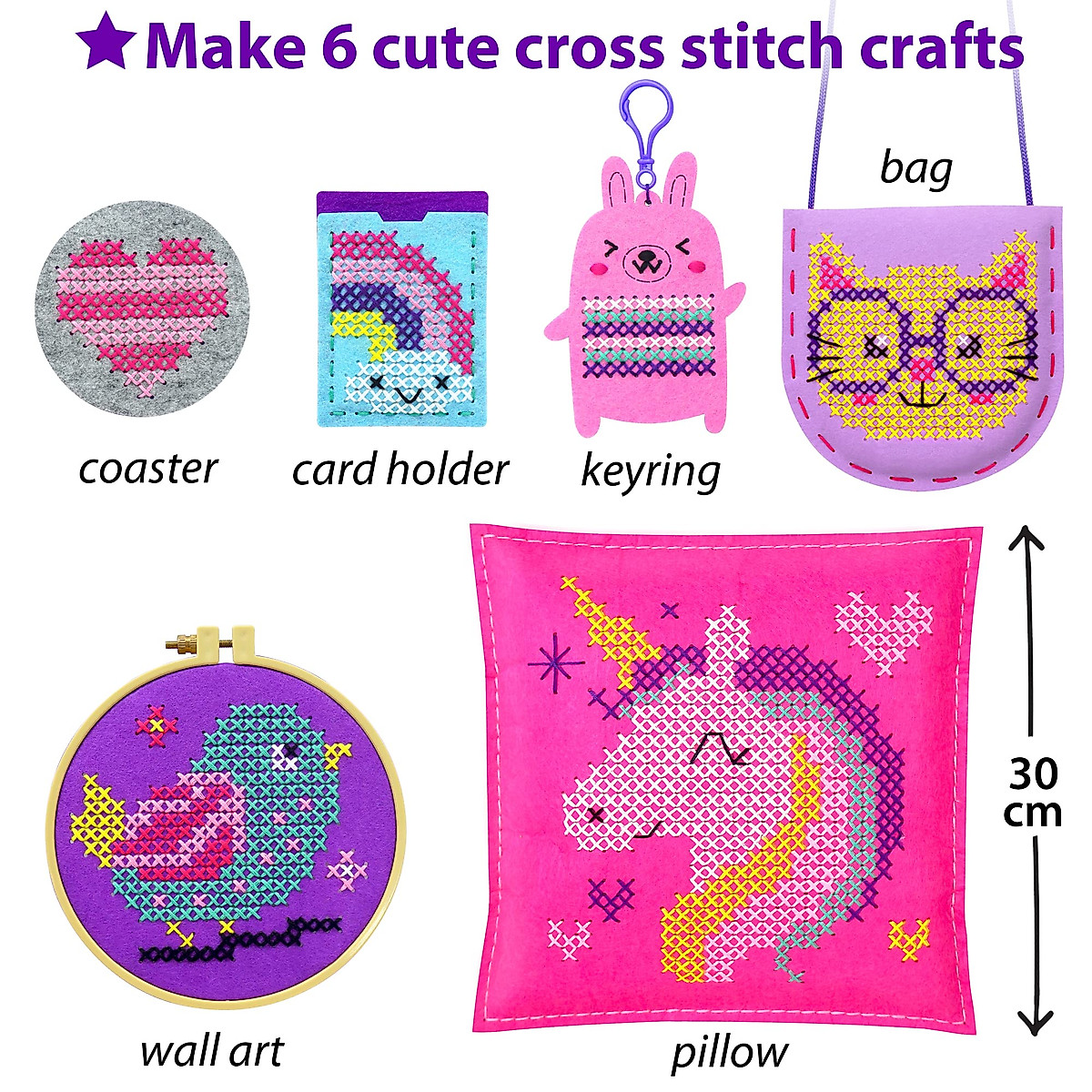 KRAFUN Beginner My First Cross Stitch Kit for Kids Arts & Crafts, 6 Easy Projects of Felt Keyring, Bag, Pillow Craft, Instructions, Gift for Girls and Boys, Learn DIY Crafting, Embroidery