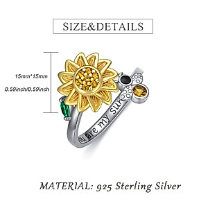 Flpruy Fidget Ring for Women Sunflower Anxiety Stress Spinner Ring You are My Sunshine Open Adjustable Ring Crystal Jewelry Gift Women