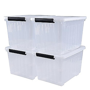 Sadstory 30 Quart Plastic Latch Storage Bin with Lid, Clear Latching Tote with Wheels, 4 Packs
