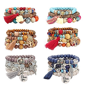 YADOCA 6 Sets Bohemian Wood Beaded Bracelets Set for Women Multilayer Stretch Tassel Bracelets Set Elephant Charm Love Statement Bangles