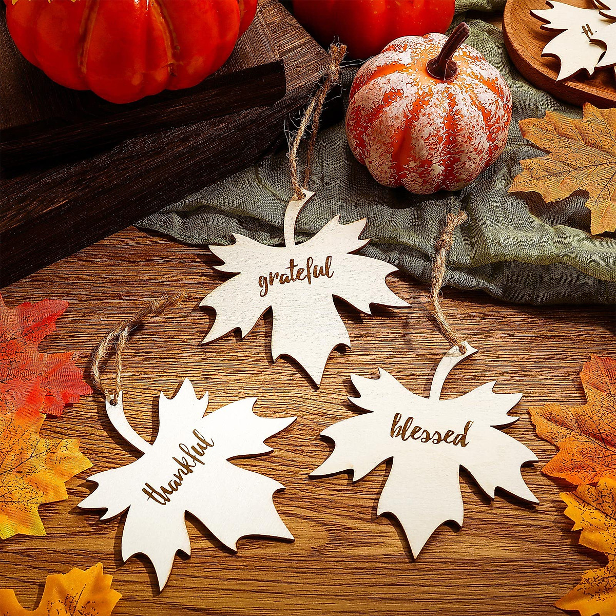 Bucherry 12 Pieces Fall Thanksgiving Place Cutout Thankful Grateful Blessed Place Cards Thankful Rustic Wooden Sign Hanging Ornament Table Setting Decorations