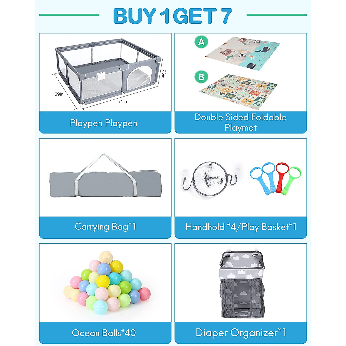 Baby Playpen with Mat, Large Baby Play Yard for Toddler, BPA-Free, Non-Toxic, Safe No Gaps Playards for Babies, Indoor & Outdoor Extra Large Kids Activity Center 71"x59"x25" with 0.315" Playmat