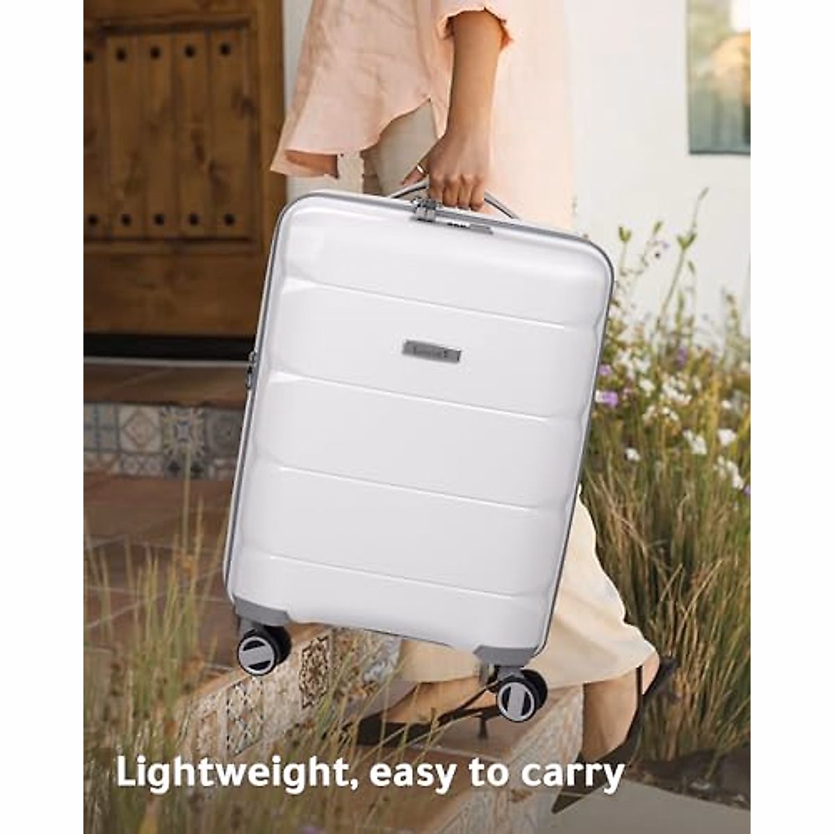 LUGGEX Checked Luggage with Spinner Wheels, PP Lightweight Suitcase for Travel (White, 28 Inch)