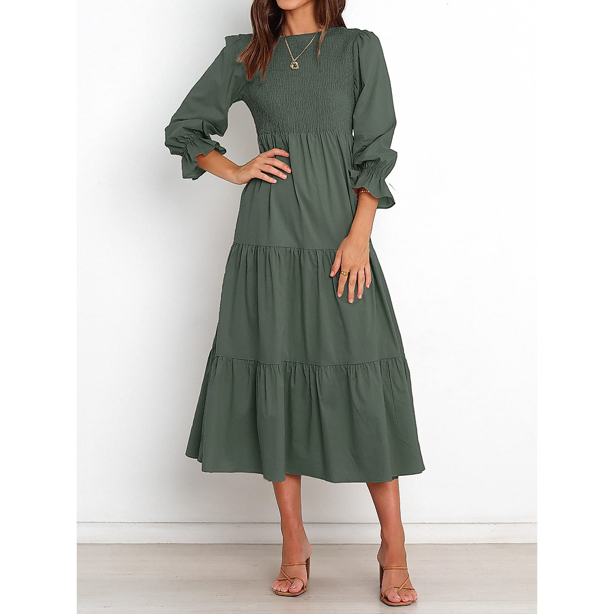 BTFBM Women Casual Long Sleeve Dress Fall Dresses 2025 Solid Color Relaxed Fit Smocked Tiered Flowy Boho Long Dresses(Solid Army Green,Large)