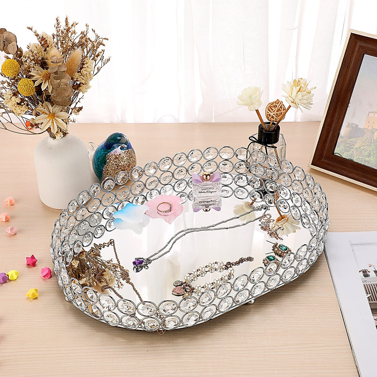 Hipiwe Crystal Vanity Tray, Mirrored Dresser Perfume Trays for Makeup Tray Cosmetic Skin Care Storage, Jewelry Trinket Organizer Tray for Bathroom Countertop Home Decor, Large