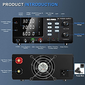 NICE-POWER DC Power Supply Variable, 30V 20A 600W High Power Bench Power Supply for Battery Charging, Adjustable Switching Regulated Power Supply with OCP, Memory Storage, Output Switch, Lock Button