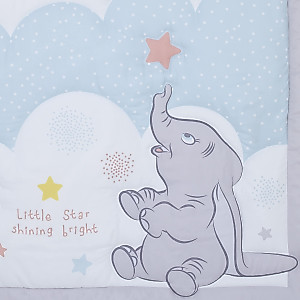 Disney Dumbo Shine Bright Little Star White, Gray, and Aqua Cloud 3 Piece Nursery Mini Crib Bedding Set - Comforter and Two Fitted Mini Crib Sheets