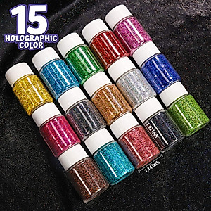 Holographic Fine Glitter, LEOBRO 15 Colors Extra Fine Resin Glitter Powder, Craft Glitter for Resin Jewelry Art Crafts Making, Cosmetic Glitter for Nail Body Face Hair, with 10 PCS Stir Spoons
