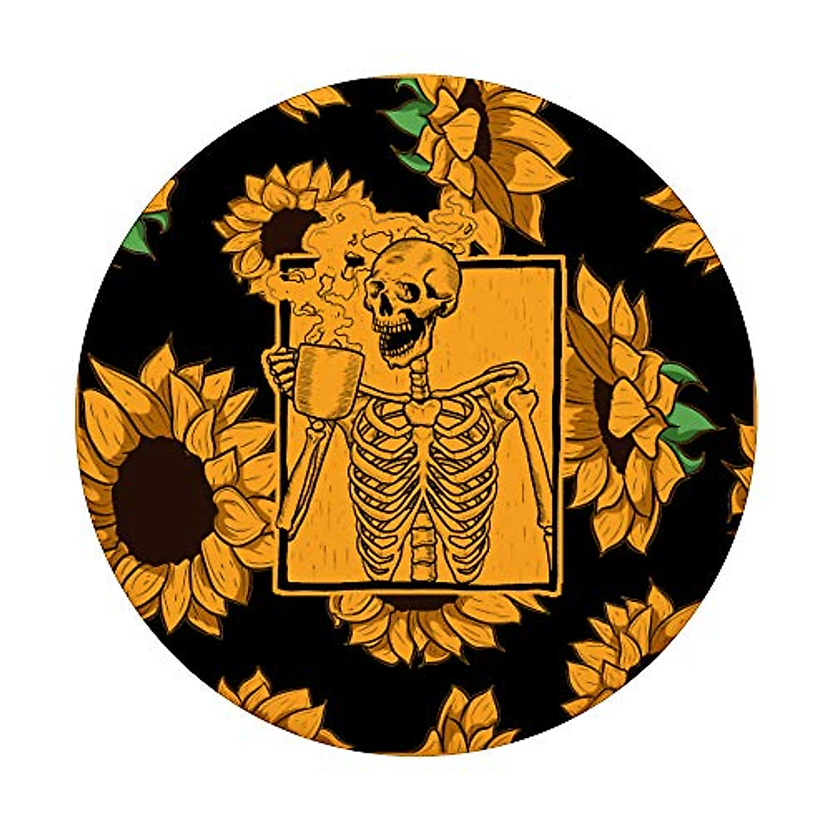 Black Base Skeleton Sunflower Pattern Skull drinking Coffee PopSockets PopGrip: Swappable Grip for Phones & Tablets