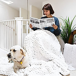 ERLYEEN Chunky Knit Blanket Throw Chenille Cable Handmade Chunky Knit Throw Blanket Warm Soft Cozy for Bed Chair Sofa Best Gift,White 40"x40"（Single Sofa）