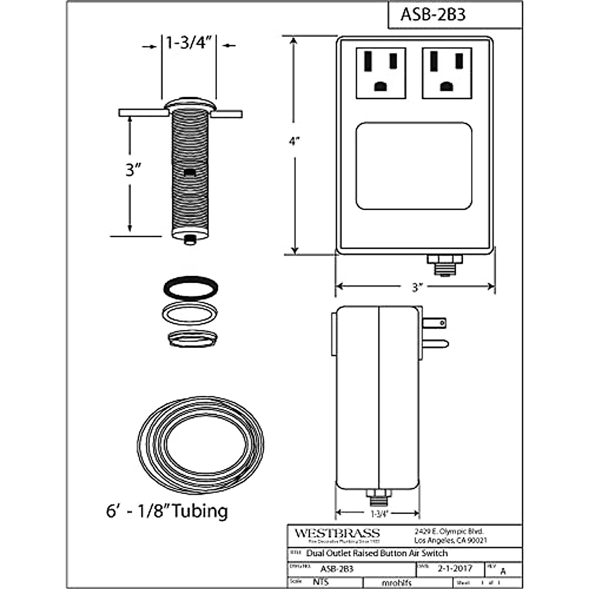 Westbrass ASB-2B3-62 Sink Top Waste Disposal Air Switch and Dual Outlet Control Box, Flush Button, Matte Black