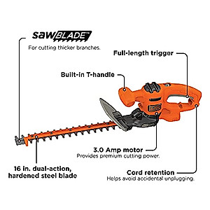 BLACK+DECKER Hedge Trimmer, Dual-Action Blade, 16-Inch (BEHTS125)