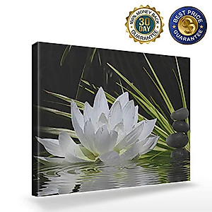 Canvas Wall Art - White Lotus and Black Zen Stones Picture - Modern Wall Decor Gallery Canvas Wraps Giclee Print Stretched and Framed Ready to Hang - 16" x 24"