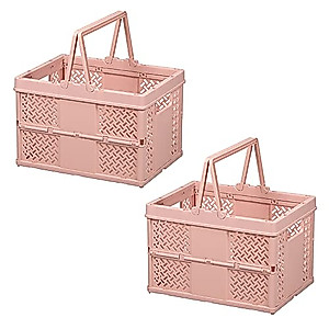 [2-Pack] Plastic Baskets for Shelf Storage Organizing, Durable and Reliable Portable Folding Storage Crate, Ideal for Home Kitchen Classroom and Office Organization, Bathroom Storage-Pink