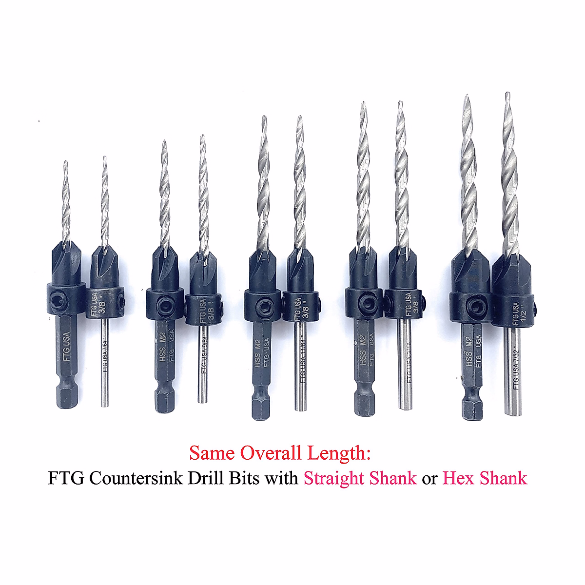 FTG USA Wood Countersink Drill Bit Set 5 Pc Countersink Drill bit #4#6#8#10#12 HSS M2 Tapered Drill Bits with Straight Shank Countersink bit, 2 Stop Collar, 1 Hex Wrench, 6 Countersink Storage Boxes