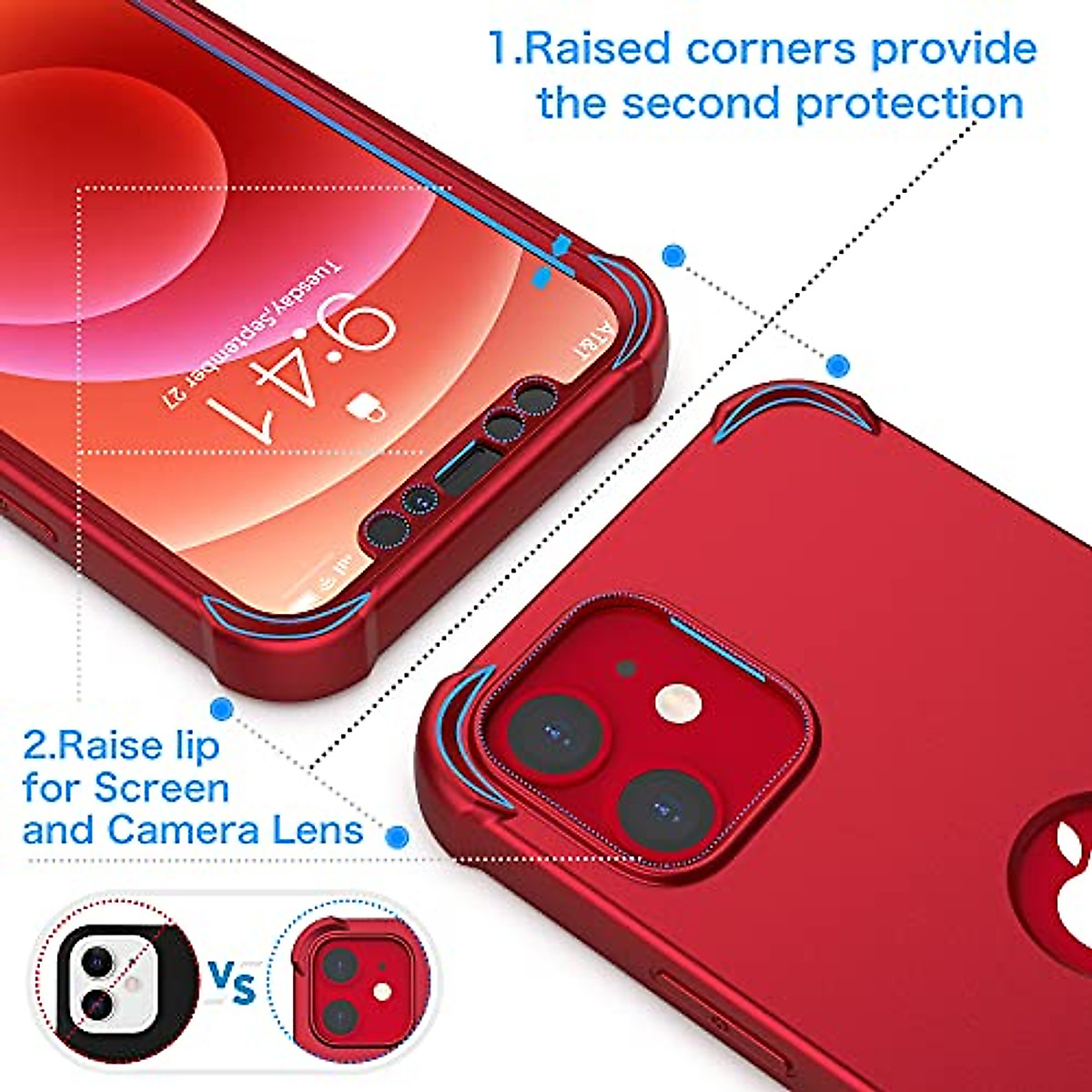 ORETECH Designed for iPhone 12 Case, Compatible with iPhone 12 Pro Case with 2 x Tempered Glass Screen Protector Shockproof Protective Soft TPU Silicone Phone Case for iPhone 12/12 Pro Case-6.1''Red