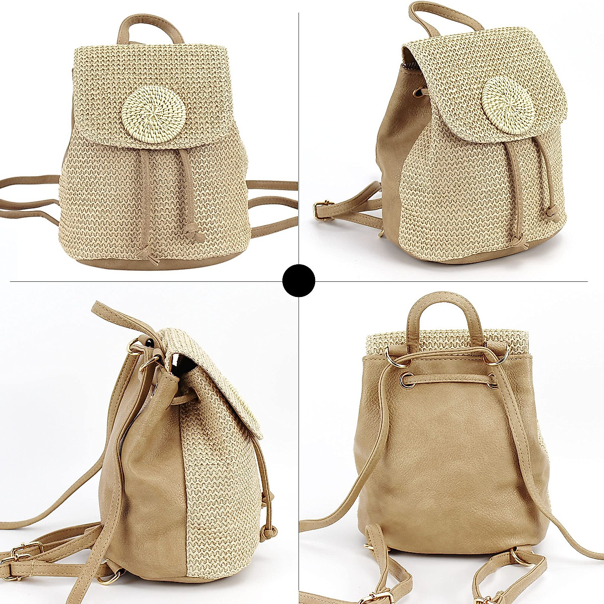 Felice Ann Women Small Straw Woven Backpack Daypack Cross-body Shoulder Bag