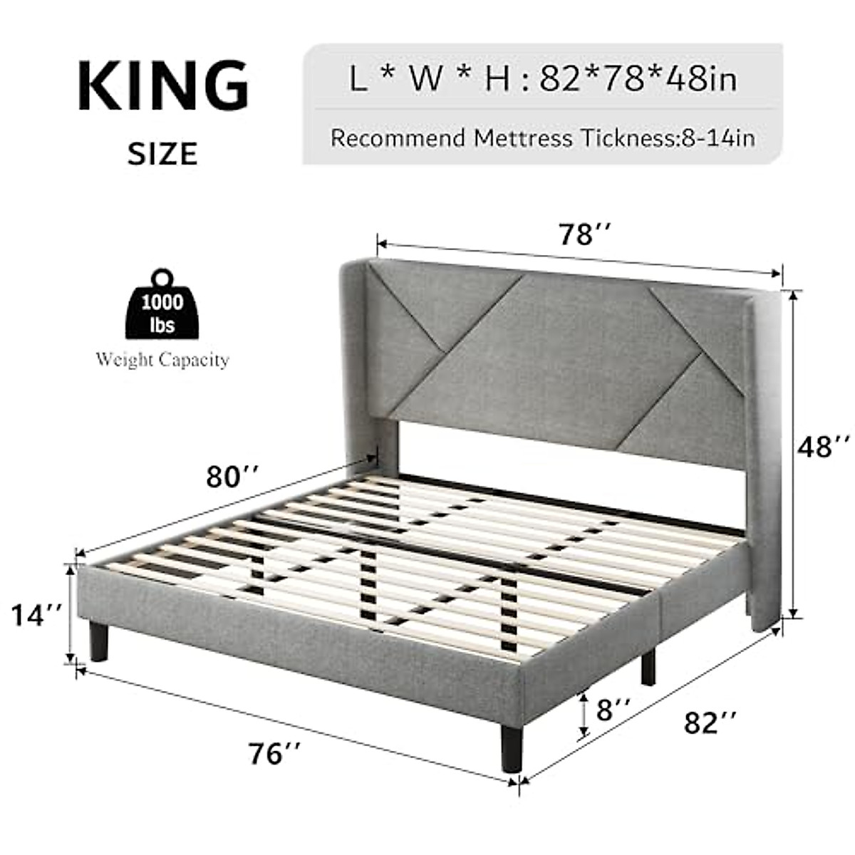 iPormis King Size Wingback Bed Frame, Modern Platform Bed with Minimalist Headboard, 8-in Storage Space/Heavy-Duty Structure/No Box Spring Needed/Noise-Free, Light Gray