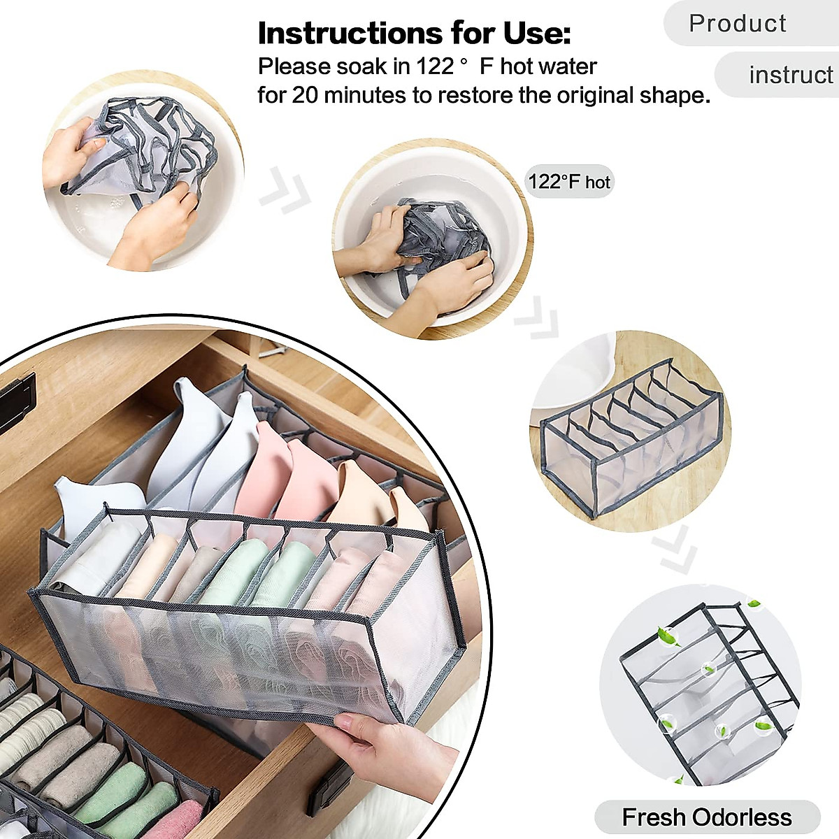 AmasSmile Wardrobe Clothes Organizer, 7 grids Washable Clear Mesh Closet Organizers and Storage Bins Drawer Dividers for Underwear，Bra, Underpants, Socks(3PCS BEIGE)