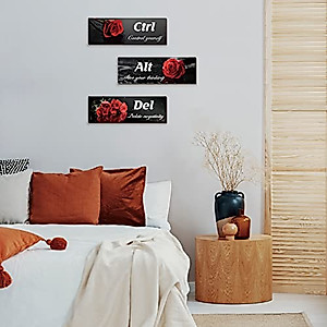 3 Pcs Red Wall Decor Red Roses Office Decor Inspirational Flower Wooden Wall Art Red Decor with Positive Quotes Ctrl Alt Del for Girl Women Office Bedroom Bathroom Living Room (Red Rose12 x 4 Inch)