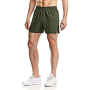 ATHLIO Men's Active Running Shorts, Exercise Workout Shorts, Quick Dry Mesh Sports Athletic Shorts with Pockets, 5 Inches Black/Green, Medium