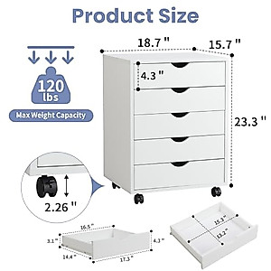 NEWBULIG 5 Drawer Storage Organizer, Wood File Cabinets with Wheels, Large Printer Stand for Home Office Study Dressing Room