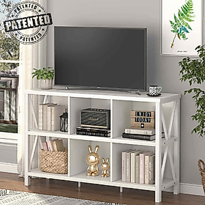 FATORRI 6 Cube Storage Organizer with Shelf, Long Wood and Metal Cubby Bookcase, Industrial Horizontal Bookshelf (White Oak, 47 Inch)