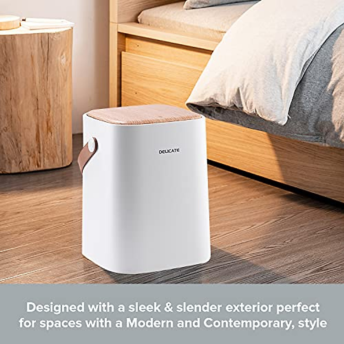 Nordic Style Garbage Can - Double Barrel Trash Can - Plastic Trash Can w/ One Press Lid - 10L/2.6Gal Waste Basket w/ Leather Handle - Modern Recycling Bins for Kitchen - Bathroom Trash Can in White & Wood