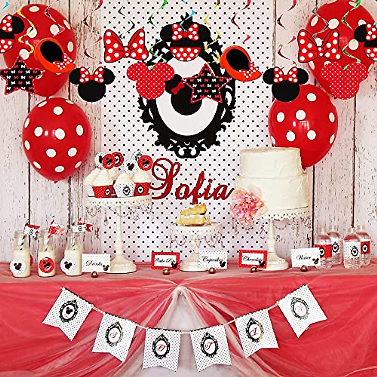 24CT Red Black Min Mouse Hanging Swirls Decorations,Red Mouse Hanging Swirls Ceiling Streamer Decor For Baby Shower Min Themed Mouse Birthday Party Decorations Supplies