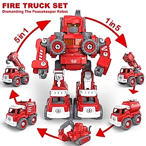 TOYABI Toys for 4-8 Year Olds 5-in-1 Fire Truck Transforming Robot Set - Take Apart Robot Firetruck STEM Toy for Boys and Girls - Ideal Christmas or Birthday Gift for Kids Ages 4 and Up