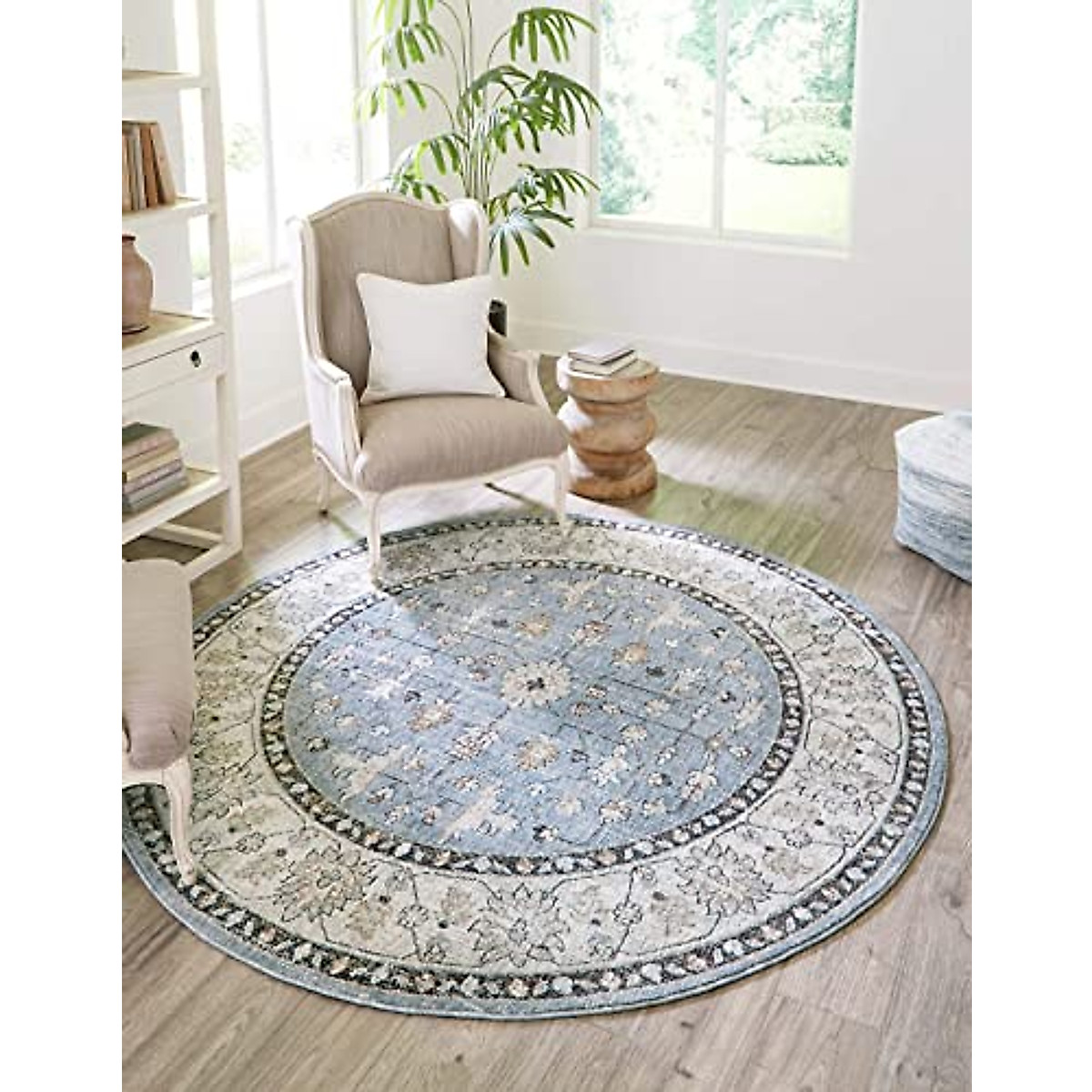Rugs.com Eco Traditional Collection Rug – 7 Ft Round Harbor Blue Medium Rug Perfect for Kitchens, Dining Rooms