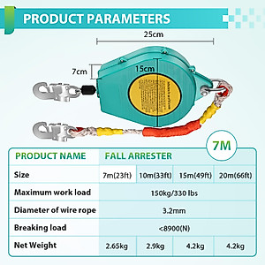 YJINGRUI Self Retracting Lifeline 330lbs Fall Arrester Fall Protection with Alloy Steel Hook & Steel Wire Rope 23ft (7m)