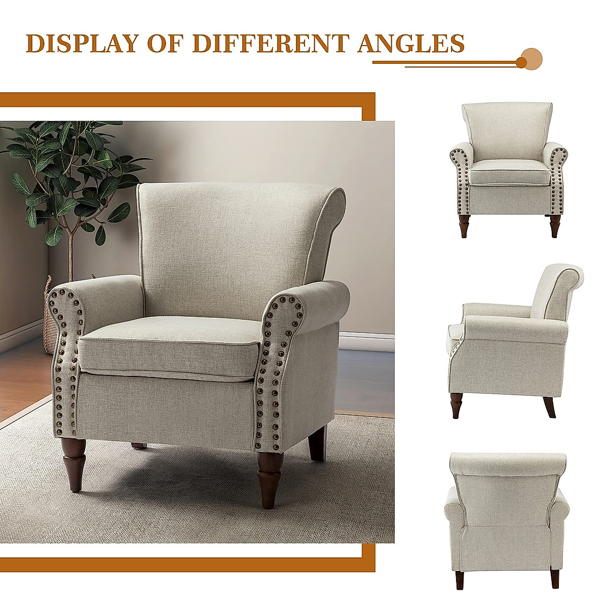 HULALA HOME Modern Accent Chair with Wood Legs & Removable Cushion, Wingback Small Armchair with Nailhead Trim, Comfy Upholstered Lounge Chair for Living Room Bedroom, Oatmeal