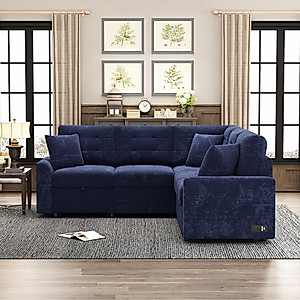 Pull Out Couch Sectional Sleeper Sofa Couch with Pull Out Bed Convertible Sofa Bed with USB Ports and Power Sockets L Shaped Couch for Living Room, Navy Blue