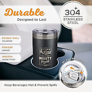 Christian Art Gifts Stainless Steel Double-Wall Vacuum Insulated Travel Mug 18 oz Matte Black Tumbler with Lid for Men Inspirational Bible Verse - Strong in the Lord - Eph. 6:10