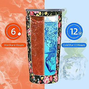 Yaxongx 20oz Tumbler Rose Flower Printing Double Wall Vacuum Insulated Coffee Mug with Lid and Metal Straw Brush Reusable Stainless Steel Water Bottle Travel Cup Gifts for Car Ice Drinks Hot Beverage