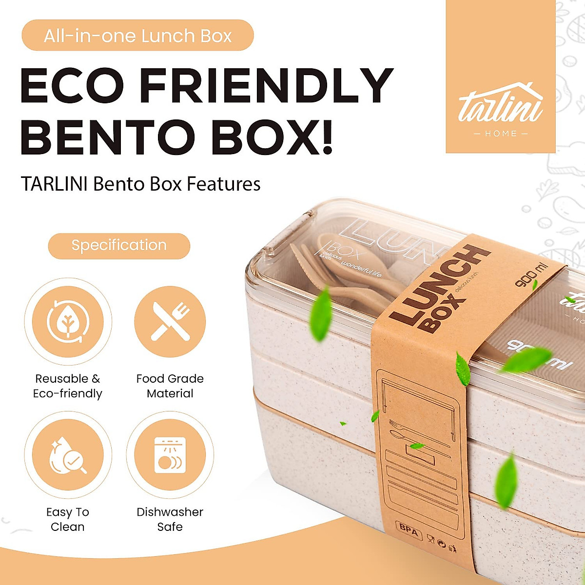 TARLINI | Premium Beige Bento Box for Adults - 3-Stackable Containers - Ideal for Work & On-The-Go - Includes Utensil Set - Eco-Friendly Design - Lunch Box Containers for Healthy Meal Prep | 35 oz